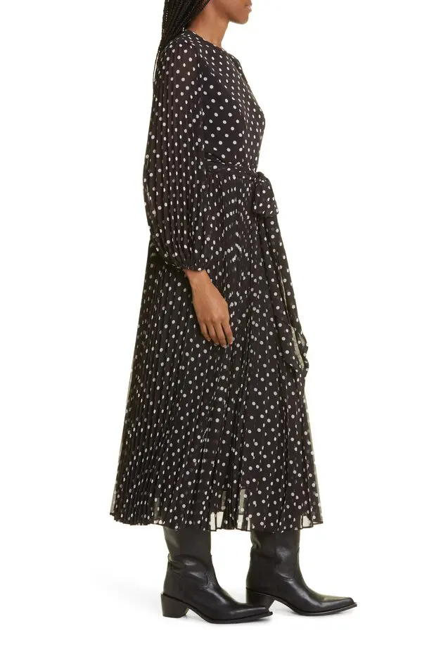 Zimmermann Polka Dot Long Sleeve Pleated Dress In Black/ Cream Dot